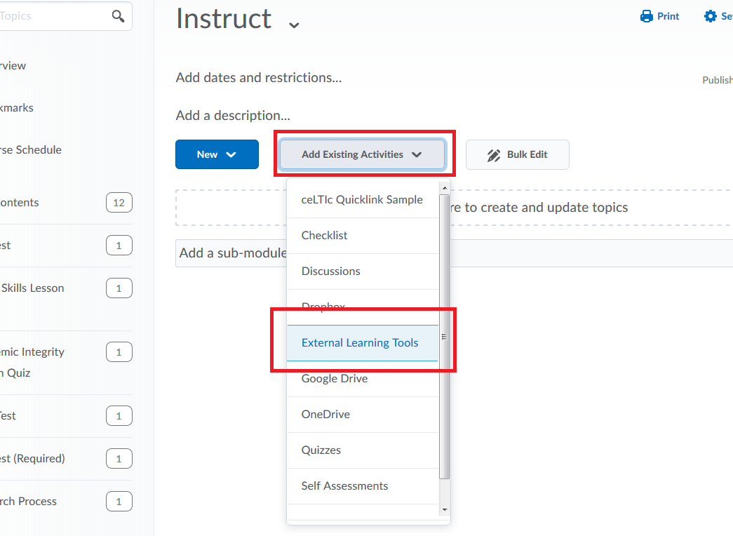 D2L: LTI 1.1 Adding an existing LTI Link to a Content Module – Credo Learning Tools